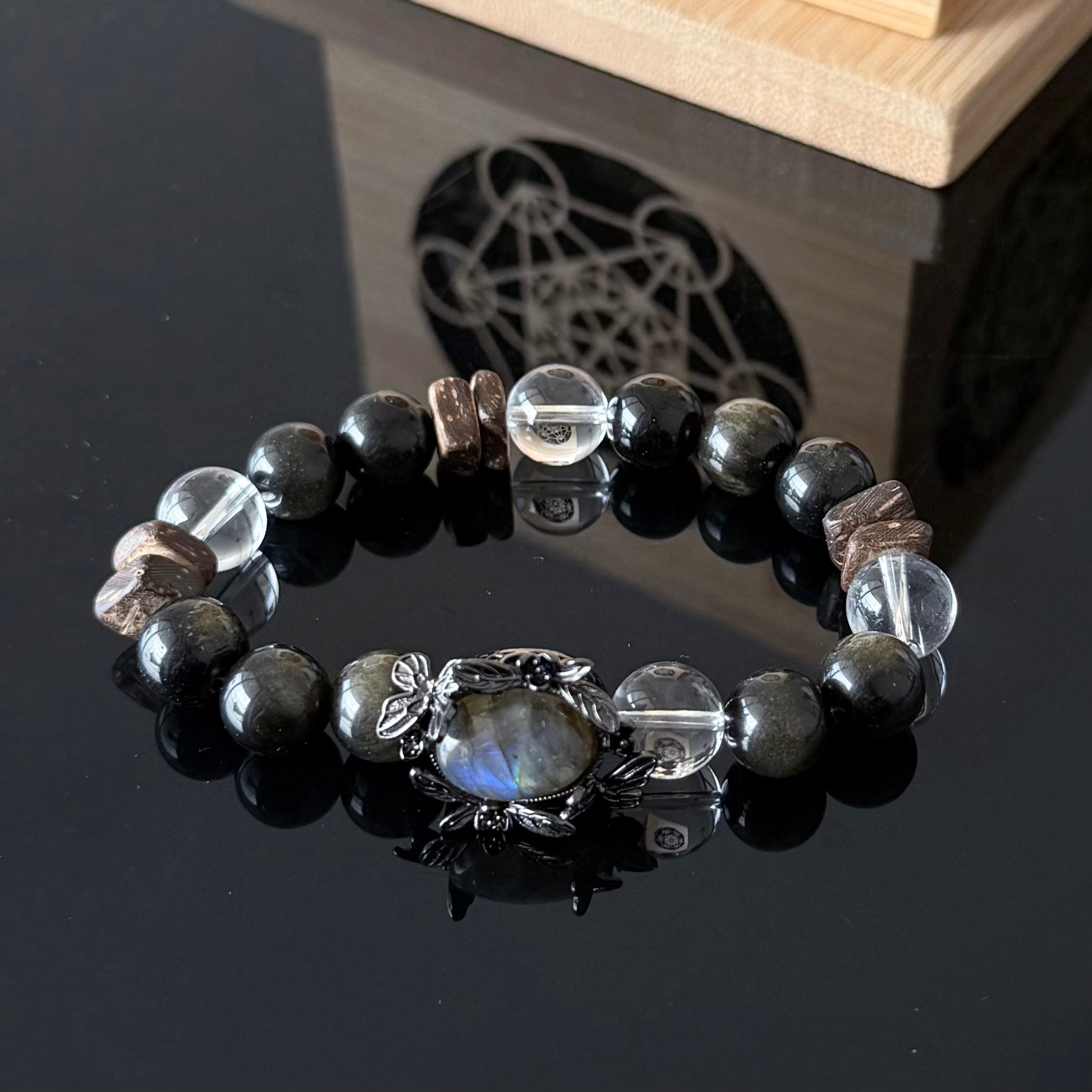 Labradorite Protection Bracelet with Gold Sheen Obsidian & Clear Quartz ...