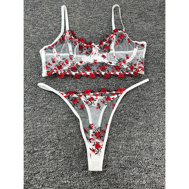 Sheer Mesh Floral Embroidery Sexy Lingerie Set Obeey
